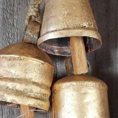 Bells on String, Rustic Windchime, Ceramic Beaded Pendant, Vintage Cow ...