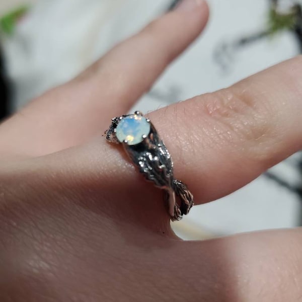 Braided Branch and Oak Leaves Topaz Engagement Ring, Silver Tree Bark ...