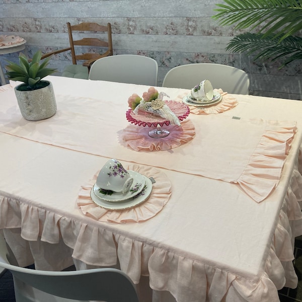 Linen Ruffled Dusty Rose Tablecloth | Custom Pastel Tablecloth From ...