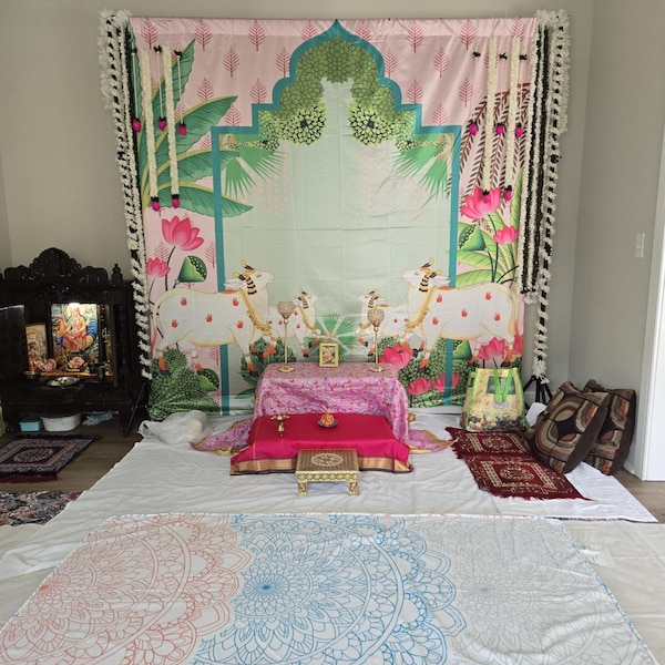 Pink Pichwai Cow Backdrop: 8x8 Ft Satin Pooja Decor Indian Traditional ...