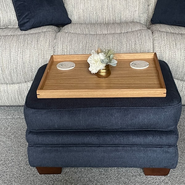 Walnut Wood Ottoman Tray With Handles, Catchall Footstool Storage ...