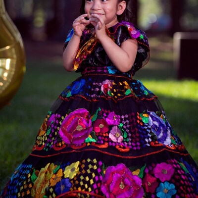 Colorful Chiapas Style Dress. Custom-made Hand Embroidered Cultural 2 Piece Outfit. Quinceañera ...