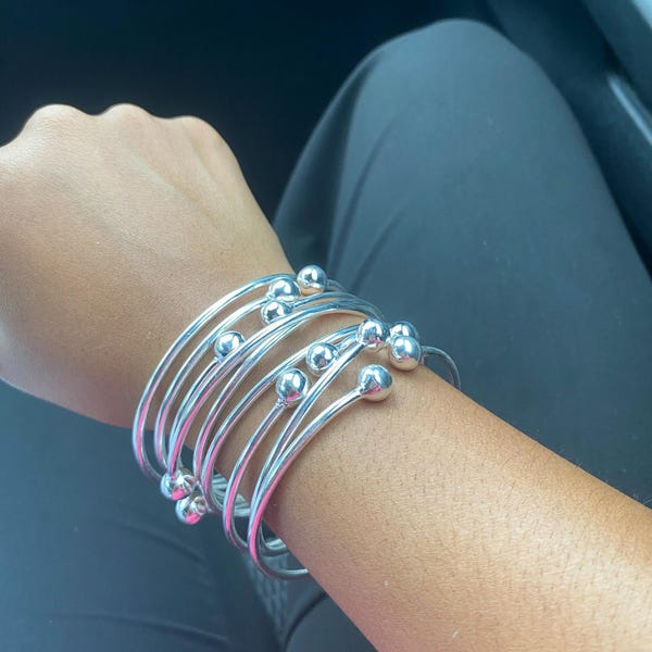 Thick West Indian Bangles, Set of 9 Bangles, 10mm Ball Silver Bangles, Boho Stacking Bangles ...