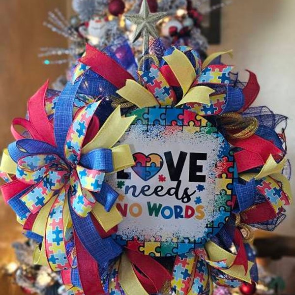 Love Needs No Words Autism Awareness Wreath Sign-puzzle Pieces-multi ...