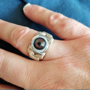 Brown Glass Eye Eyeball Human Style Sterling Silver Wire Wrapped Ring ...