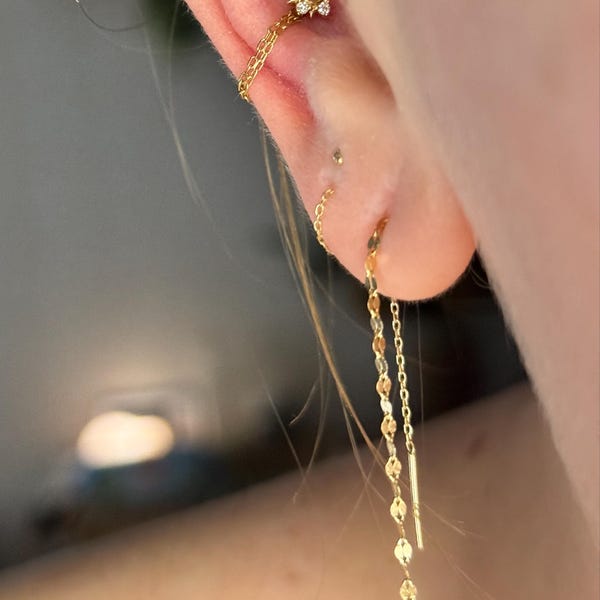 14k Solid Gold Sturdy Extra Long Chain Double Bar Earring, Multiple ...