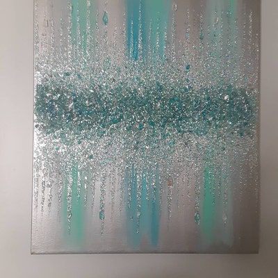 Glitter Glass Painting, Glitter Painting, Silver Glitter Art, Turquoise ...