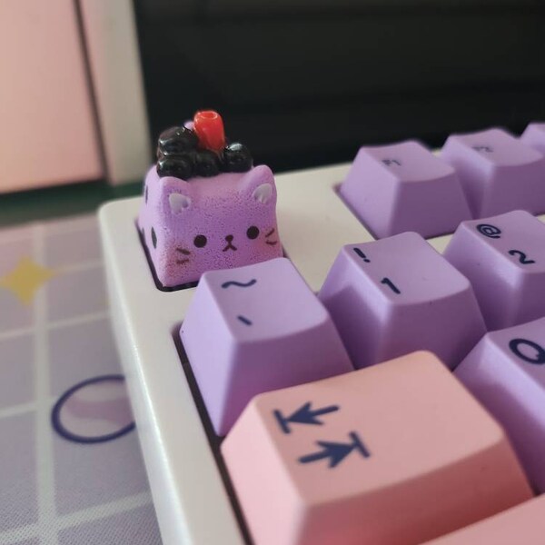 Taro Milk Tea Key Caps - Purple Boba Cat Key Caps - Boba Tea Key Caps ...
