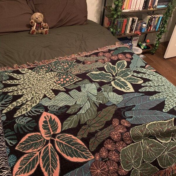 Botanical Throw Blanket, Botanical Tapestry, Plants Blanket, Leaves ...