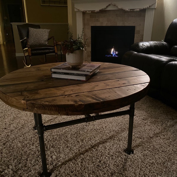 Reclaimed Distressed Round Coffee Table. Heavy Duty Iron Pipe Legs ...