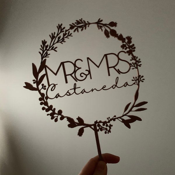 Floral Wreath Wedding Cake Topper - Personalised Wooden Cake Topper (x5 ...