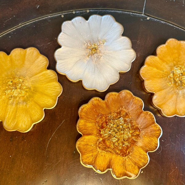 Fall Collection - Gold Accented Flower Handmade Resin Coasters - Etsy