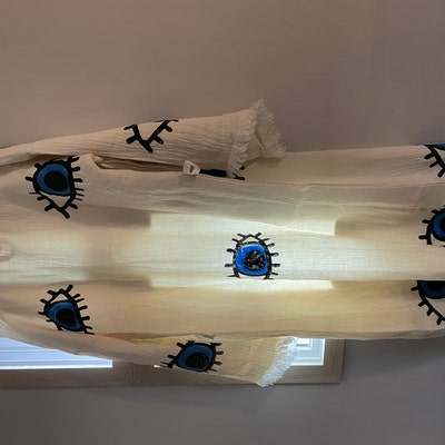 Turkish Cotton Green Evil Eye Kimono, Cardigan Robe, Evil Eye Ethnic ...