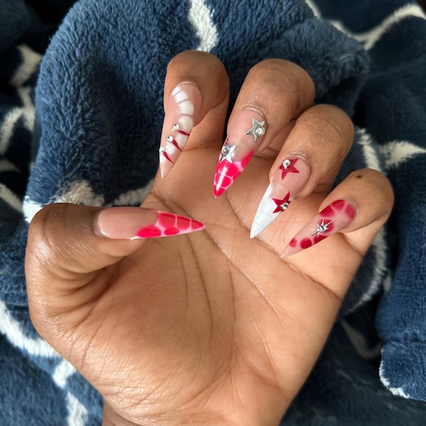 White and Red French Tip With Stars Long Stiletto Press on Nails Goth ...
