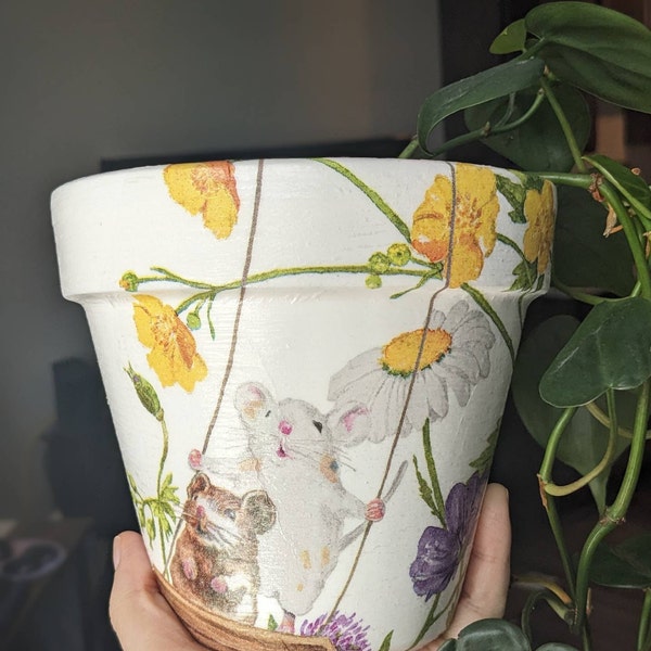 Mouse Planter, Terracotta Pot, Mice Gifts, Spring Decor, Decoupage Pot ...