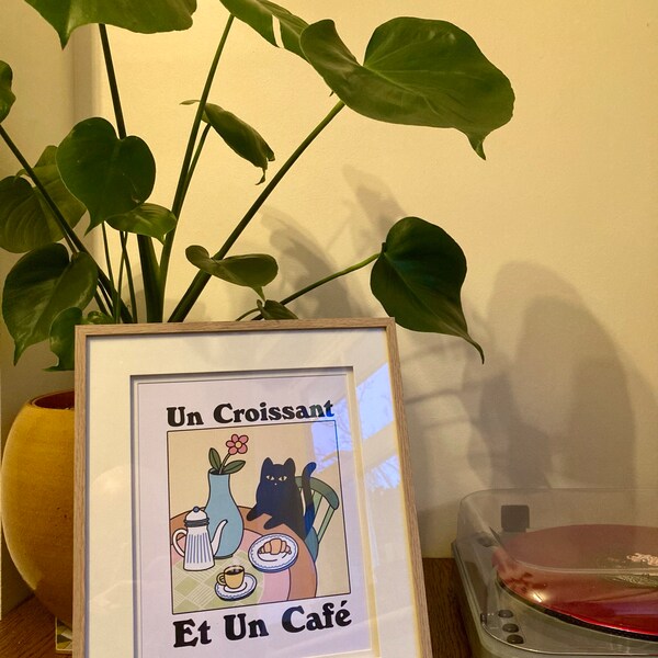 French Cafe Croissant Cat Print, Retro Drink Poster, Bistro Coffee ...
