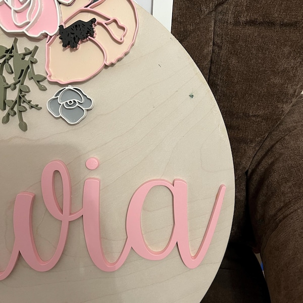 3D Round Circle Boho Wood Name Sign Girls Room Nursery Floral Flowers ...