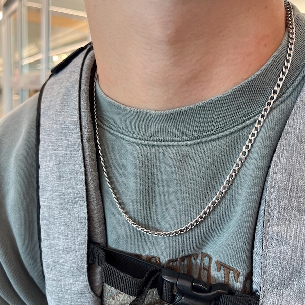 Men's Silver Curb Chain Necklace / 4mm Stainless Steel Water Resistant ...