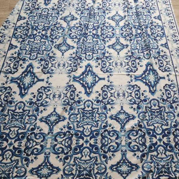 Italian Design Linen Fabric: Blue Tile Print, Summer Clothing, Drapery ...