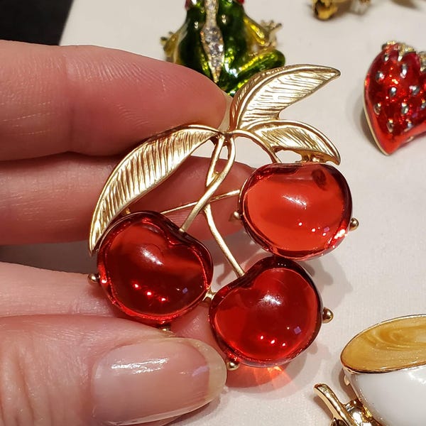 Vintage Red Cherry Brooch: Gold Tone Party Jewelry - Etsy