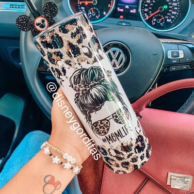 20 OZ Glitter Leopard Mom Life Messy Bun Skinny Tumbler Design Straight ...