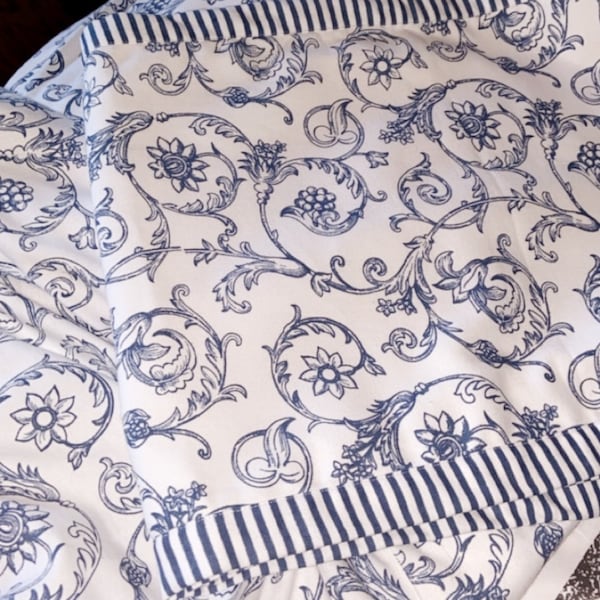 Blue Cotton Table Runner, Swirl Print With Stripe Border, Table Decor ...