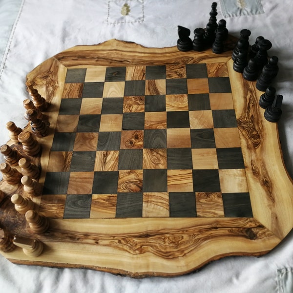 Wooden Chess Board Set Game, Unique Natural Edges Chess Set, Rustic ...
