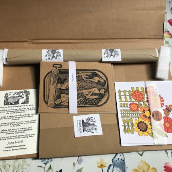 The Burrowers - Hand Made Original Linocut Design Greetings Card. Brown ...