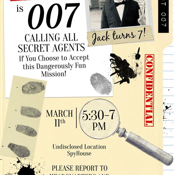 007 Party Invite, James Bond 7th Birthday Invitation, Secret Agent, Spy ...
