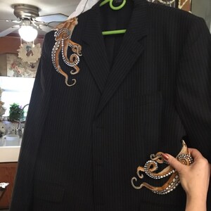 Huge Giant Octopus Octopie Jacket Back Iron on Patch Rustic Tan Emerald ...