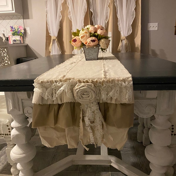Custom Table Runner or Dresser Runner Multi Ruffle Ivory Linen Cotton ...