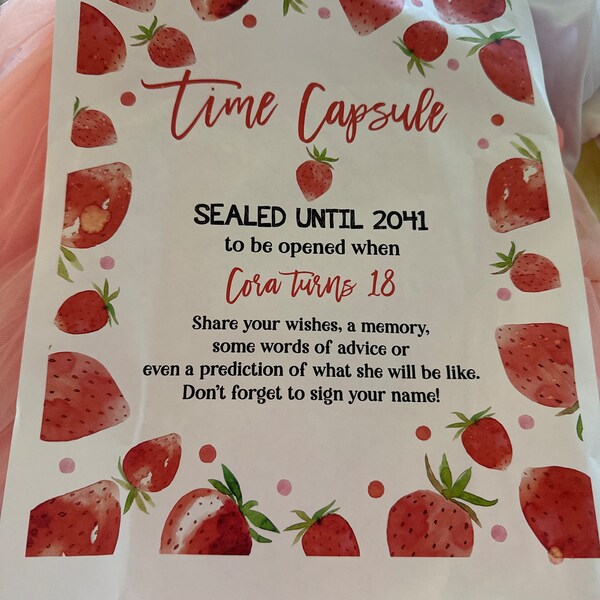 Strawberry Time Capsule Sign and Card First Birthday Party Strawberry ...