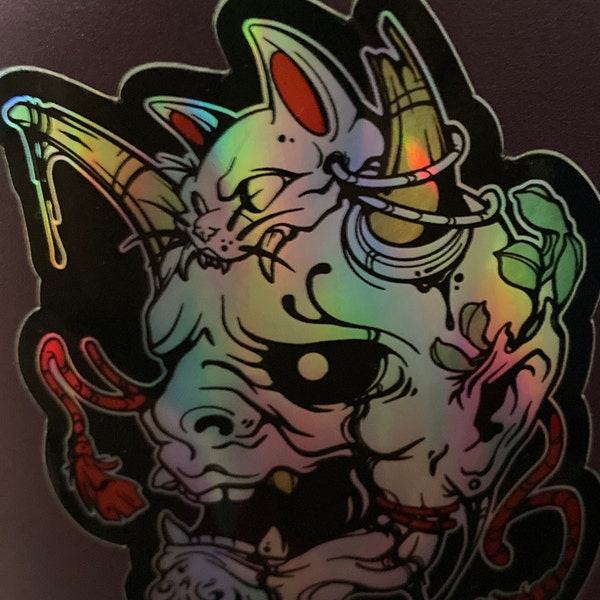 Japanese Hannya Mask Holographic Sticker - Weather-resistant Vinyl ...