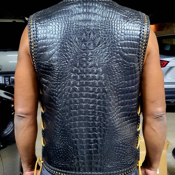 Gator Embossed Leather Vest for Bikers. 100% Handcrafted Vest. Hand ...