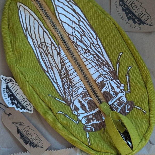 Cicada Zipper Pouch: Hand Screenprinted Cotton Canvas Pencil Bug Insect ...