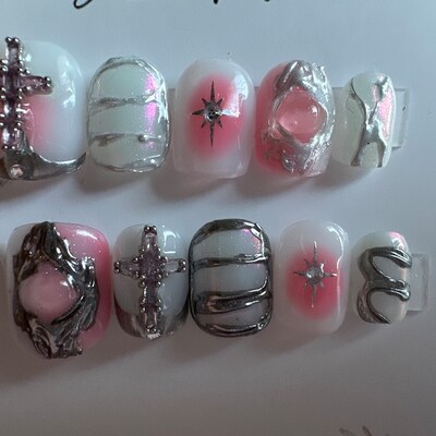 Luxury Pink Cross Nails/ Pink and Ivory Silver Press on Nails/ Silver ...