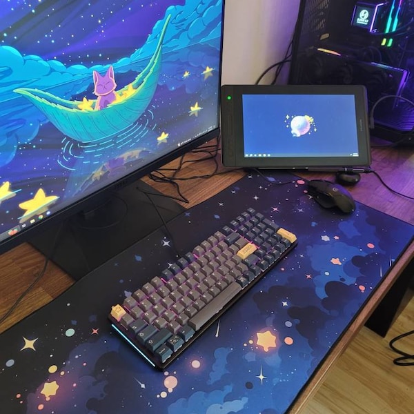 Mushroom Deskmat Anime Cat Mouse Pad Cute Purple XL Mousepad Cat Desk ...