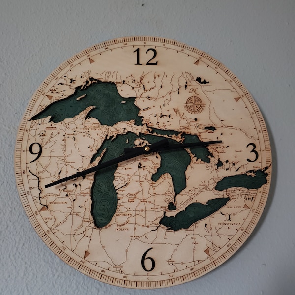 Great Lakes Topographic Wood Map, Clock, Cribbage, Pillow, and Serving ...