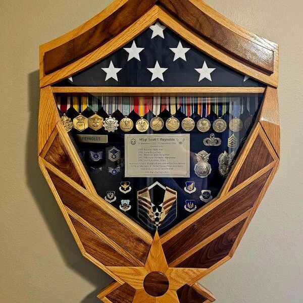 Handcrafted Air Force Shadow Box With Flag Case Stand Oak and Navy ...