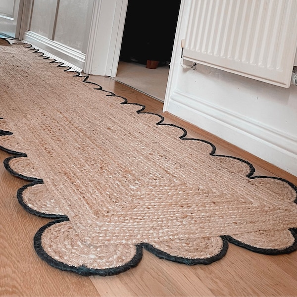 Braided Area Runner, Scallop Natural Jute Runner, Black Scalloped Edge ...