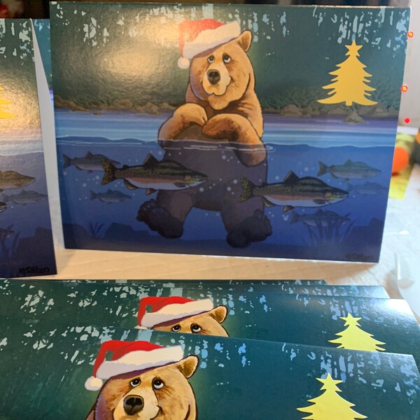 Bear & Salmon Christmas Card - 18 Cards and Envelopes - 20108 - Etsy
