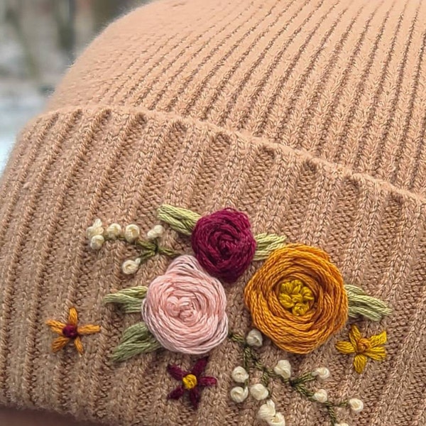 Mountain View Hand-stitched Embroidered Green Beanie Hat Flowers ...