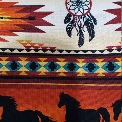 Elizabeth Studios Native Pattern Horses Stripe Brick Red, 1 Yard 100% ...