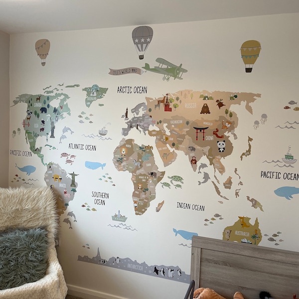 Country Names Colorful World Map Sticker, Animal World Map Decal, Peel ...