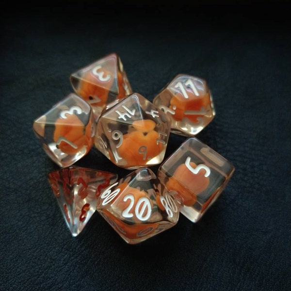 Pumpkin Polyhedrals- 7 Pc Polyhedral Dice Set With Tiny Pumpkins Inside ...