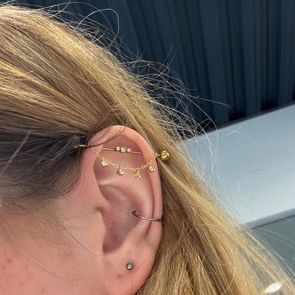 Dainty Industrial Barbell and CZ Chain for Piercing, Gold Sterling ...