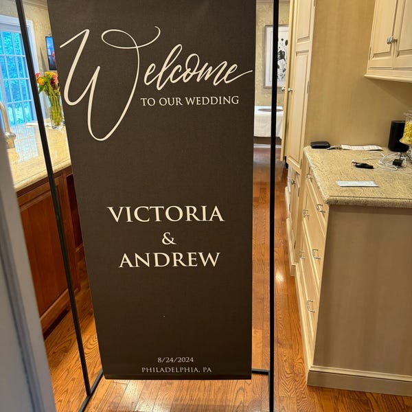 Wedding Welcome Sign With Stand, Metal Stand, Black and White Curtain ...
