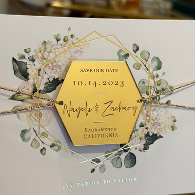 White Hydrangea Hexagon Magnet Save the Date Luxury Mirror Plexi ...