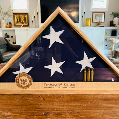 TWO BADGES Personalized Memorial Flag Display Case for a 5' X 9.5 ...