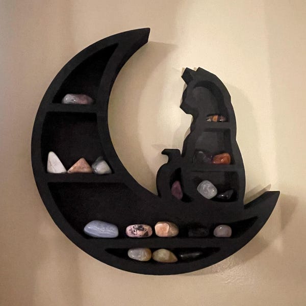 Wooden Black Cat and Moon Crystal Shelf, Witchy Shelf, Crescent Moon ...